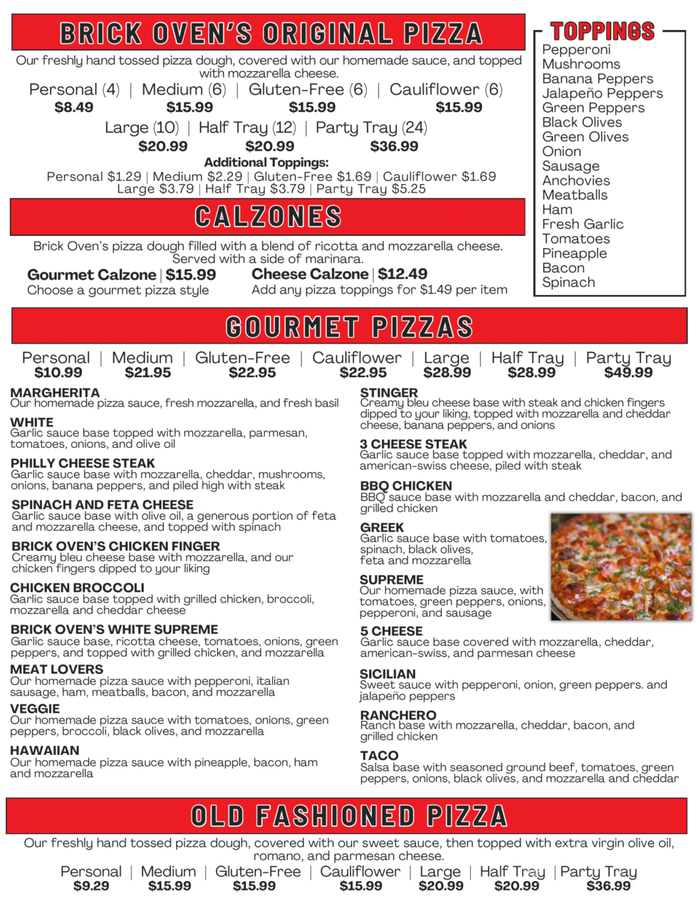 Restaurant Menu | Pizza, Soup, Salad, and More | Brick Oven Pizzeria